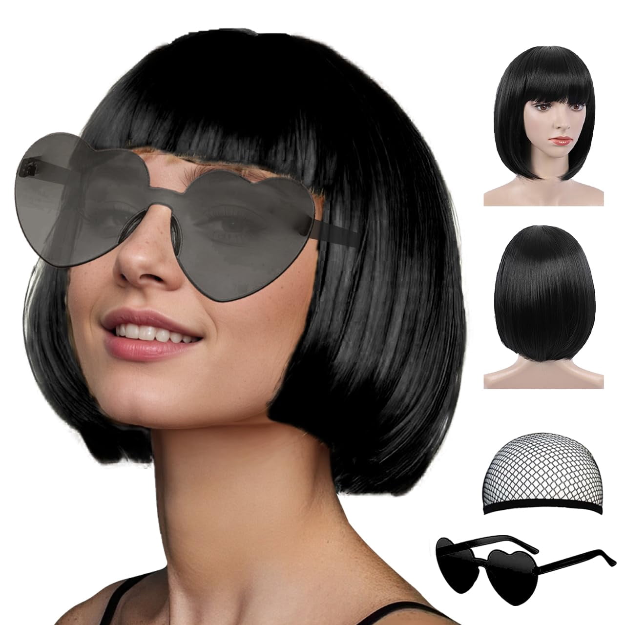 Short Bob Hair Wigs Straight with Flat Bangs Synthetic Colorful Cosplay ...