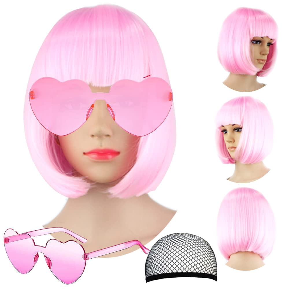 Short Bob Hair Wigs Straight with Flat Bangs Synthetic Colorful Cosplay ...