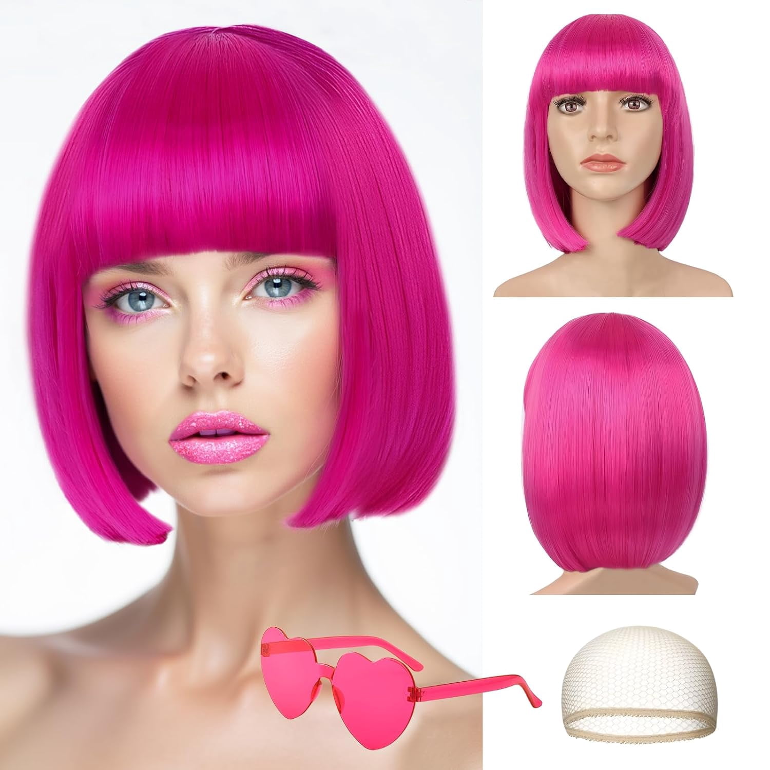 Short Bob Hair Wigs Straight with Flat Bangs Synthetic Colorful Cosplay ...