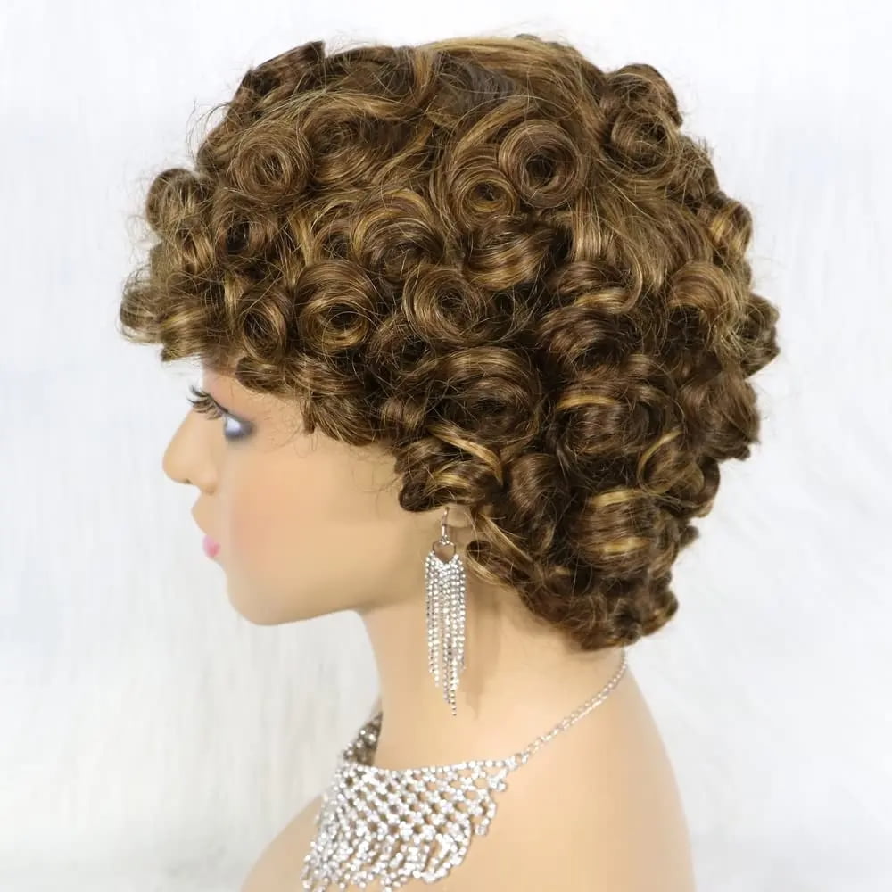 Short Bouncy Curly Human Hair Pixie Cut Bob Wigs Full Machine Made Wavy ...