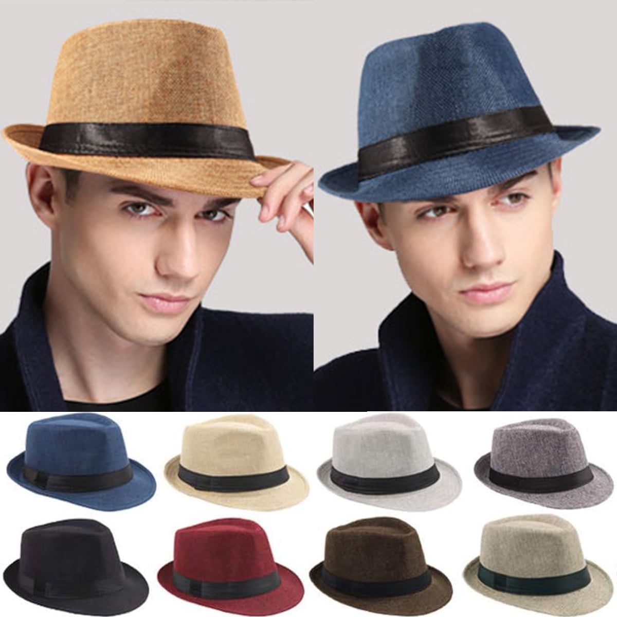 Short Brim Fedora Classic Summer Beach Sun Hat Panama Cap for Men Women ...