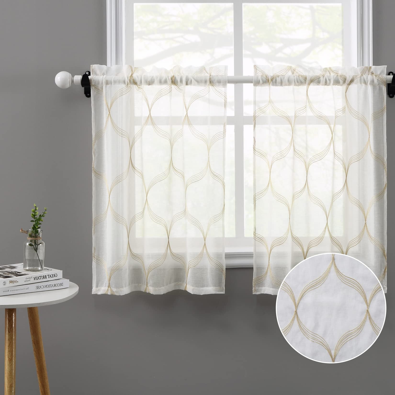 Short Cafe Curtains Farmhouse Geometric Embroidered Kitchen Curtains ...