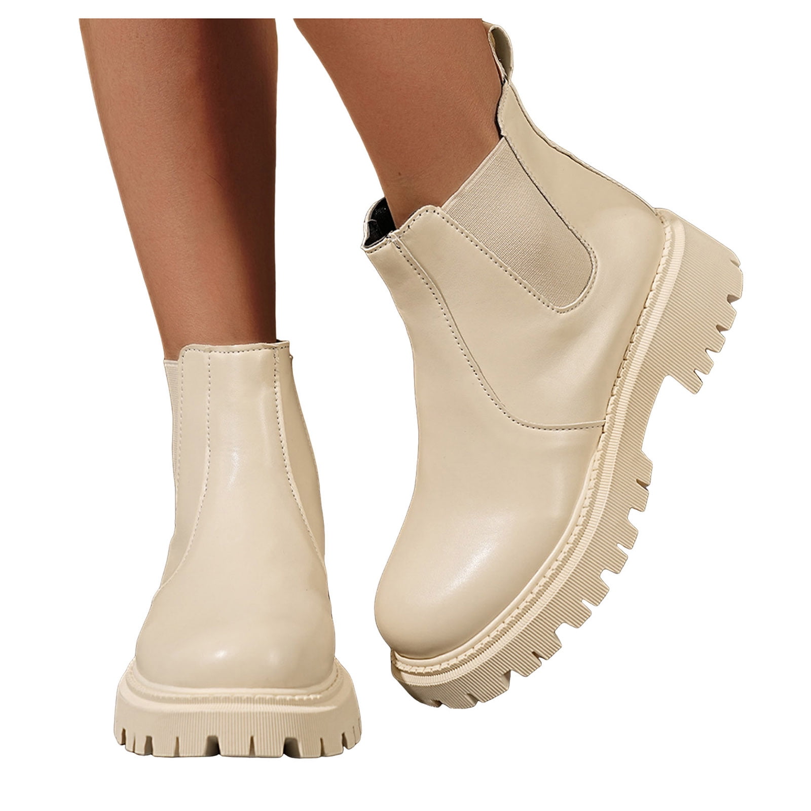 Short Chelsea Boots for Women Slip on Elastic Chunky Lug Sole Round Toe ...