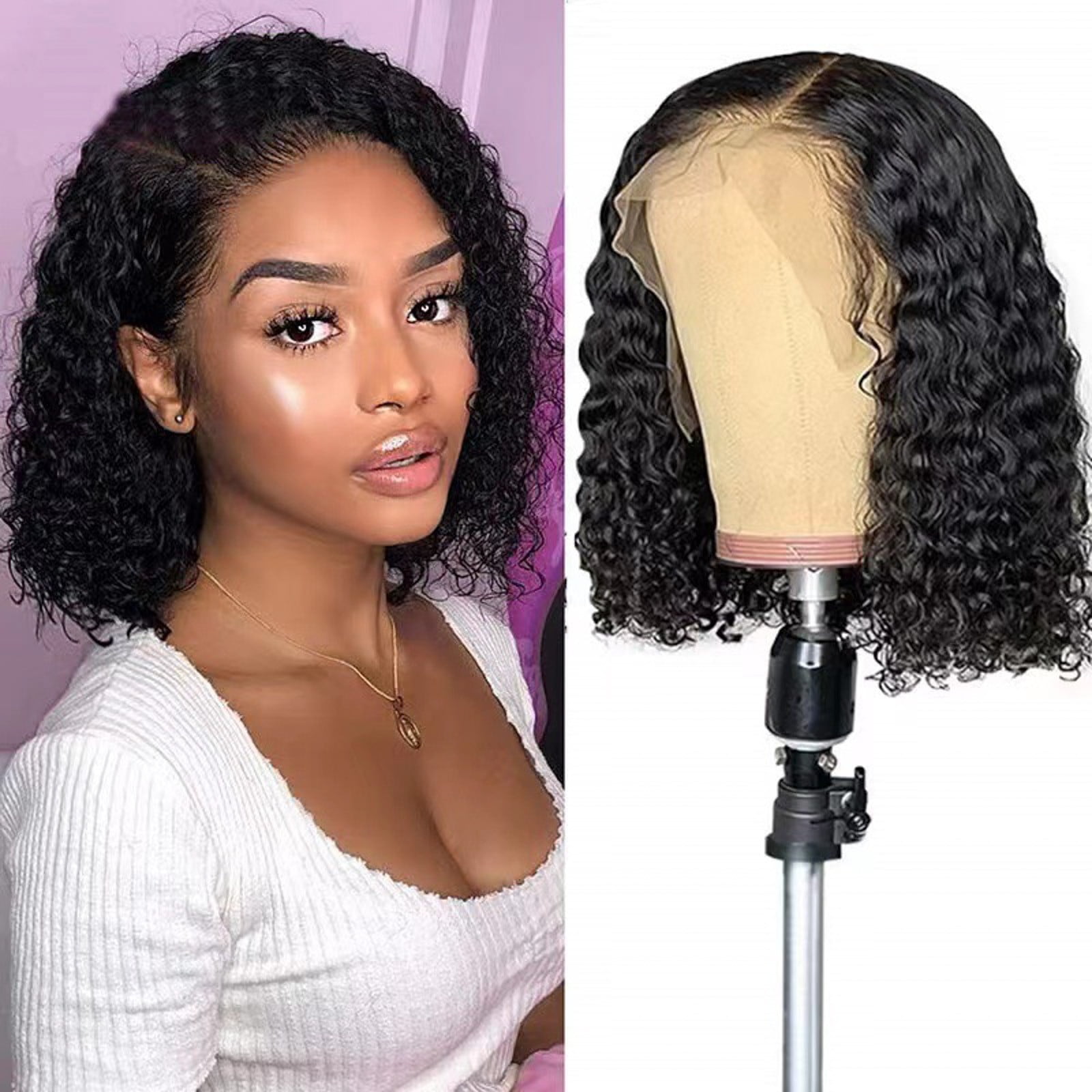 Short Curly Bob Hair Wigs, Lace Front Natural Hairline Human Hair Wig Pre Plucked With Baby Hair ...