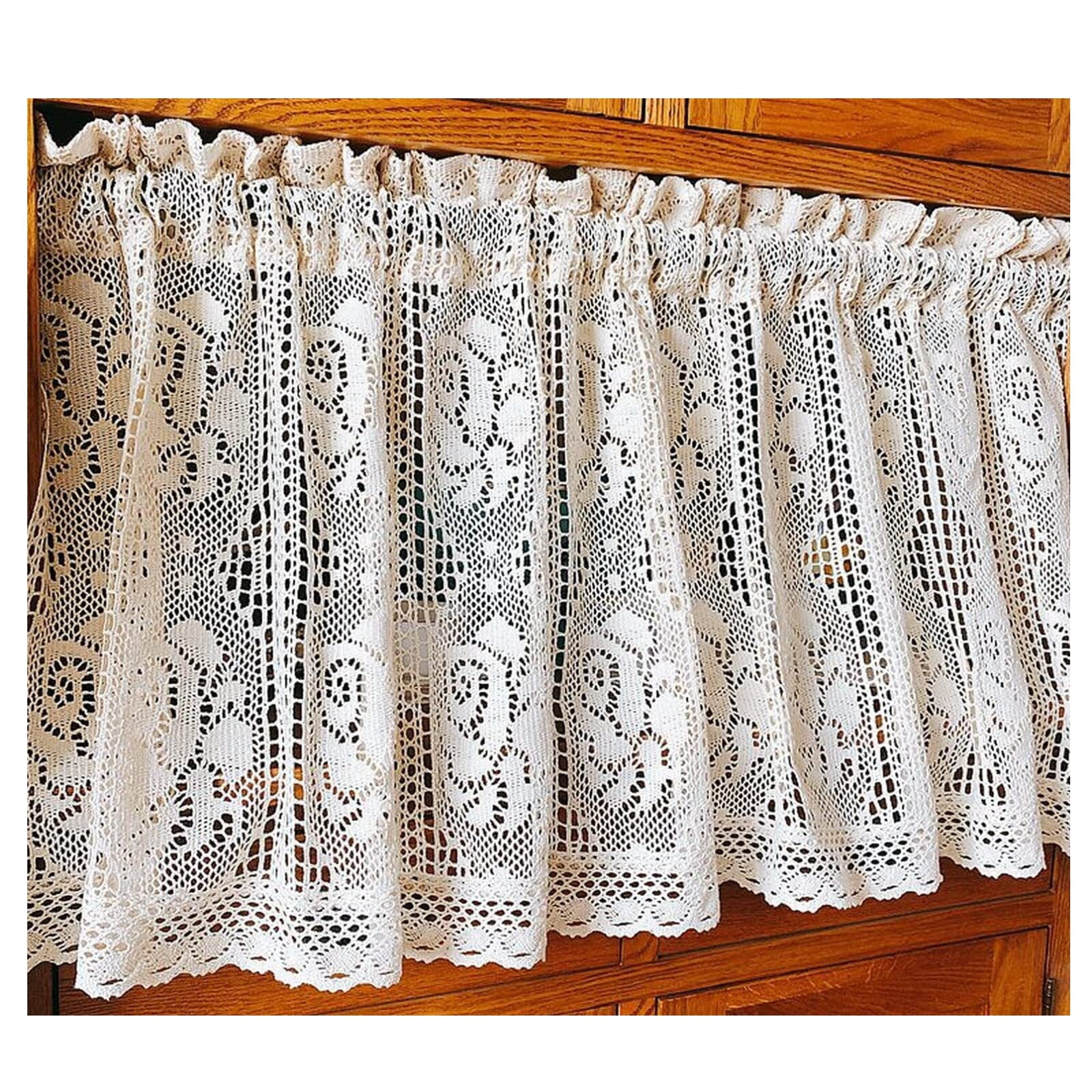 Short Curtain for Small Window Retro Rustic Beige Cotton Crochet Rose ...
