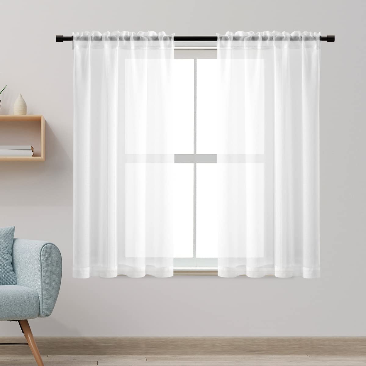 Short Curtains, 48 Inch Length 2 Panels, Rod Pocket Sheer Small ...
