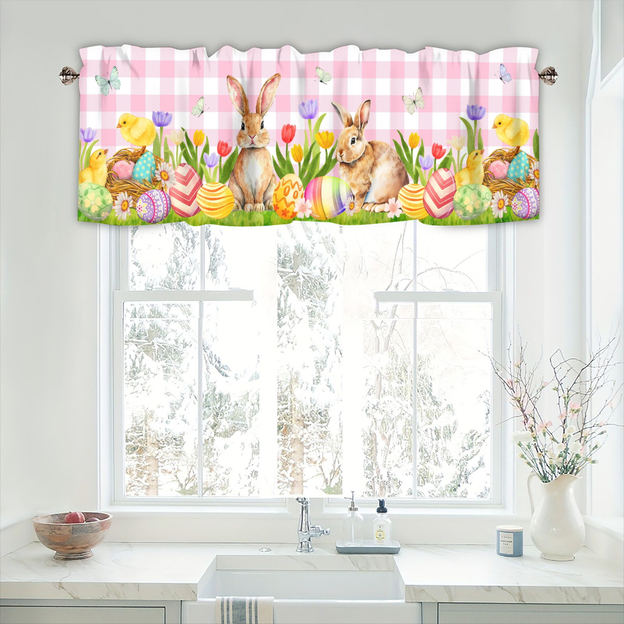 Short Curtains for Bedroom Rabbit Pink Checkered Pattern Spring Easter ...
