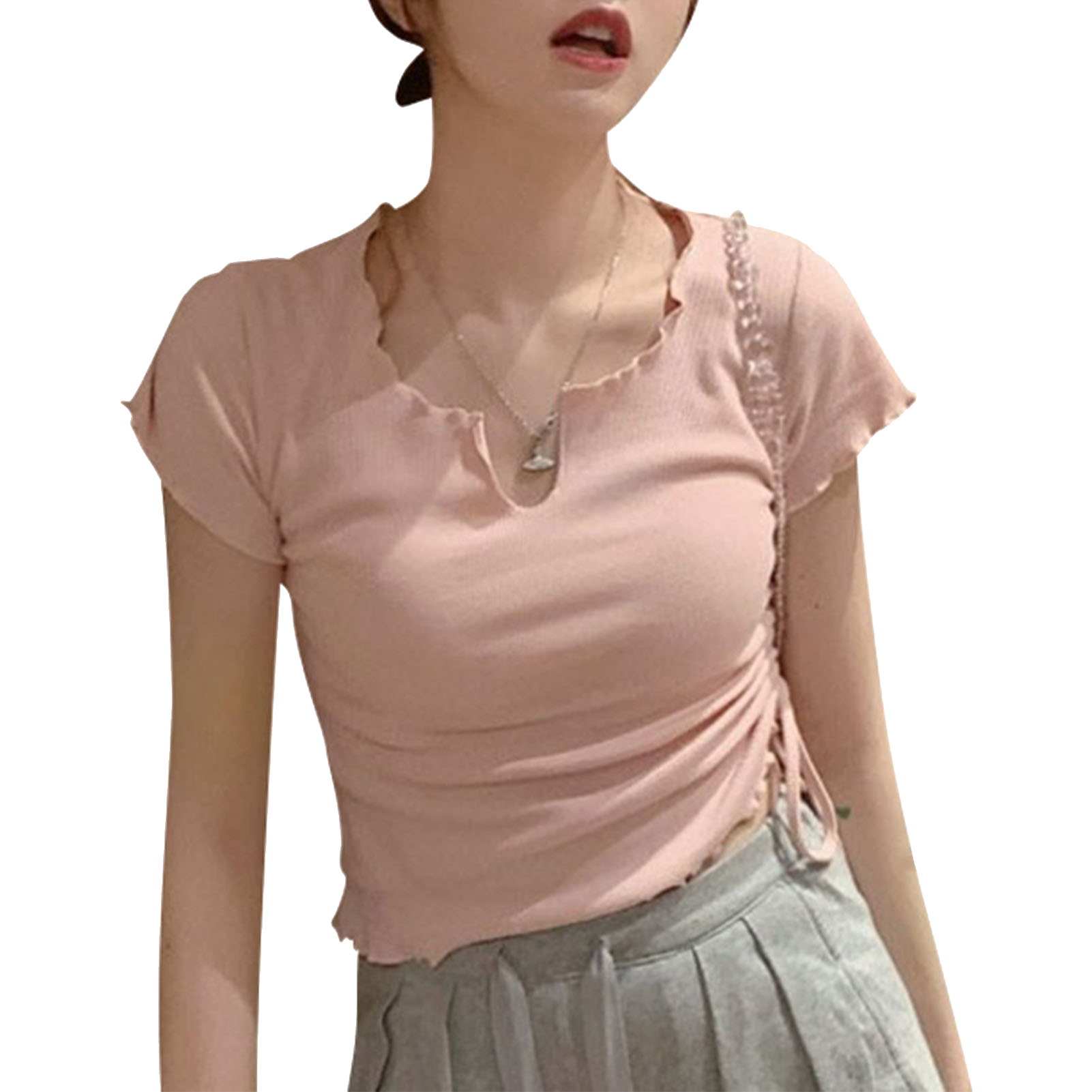 Short Drawstring Side Blouse V Neck Slim Fitted Drawstring Side Ruched ...