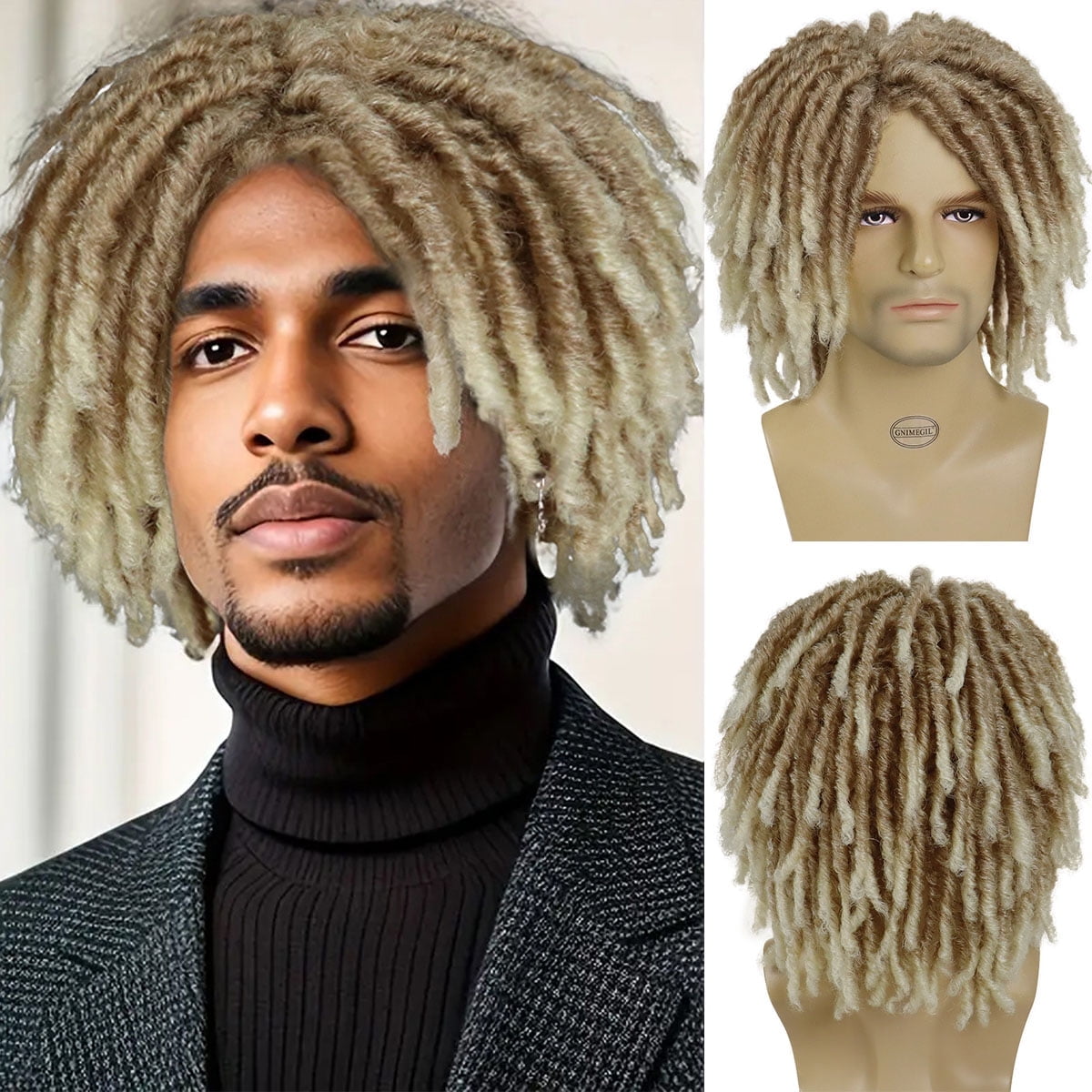 Short Dreadlocks Wigs for Men Ombre Blonde Curly Braided Wig with Bangs ...