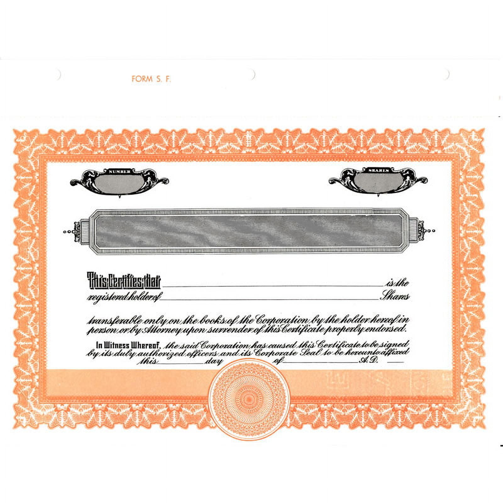 Short Form Orange Stock Certificate, Certificate Paper Stock, Size 8-1/ ...