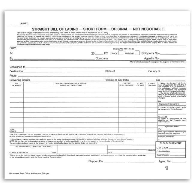 Short Form Straight Bill Of Lading, 81/2 X 7", 3 Part NCR Carbonless ...