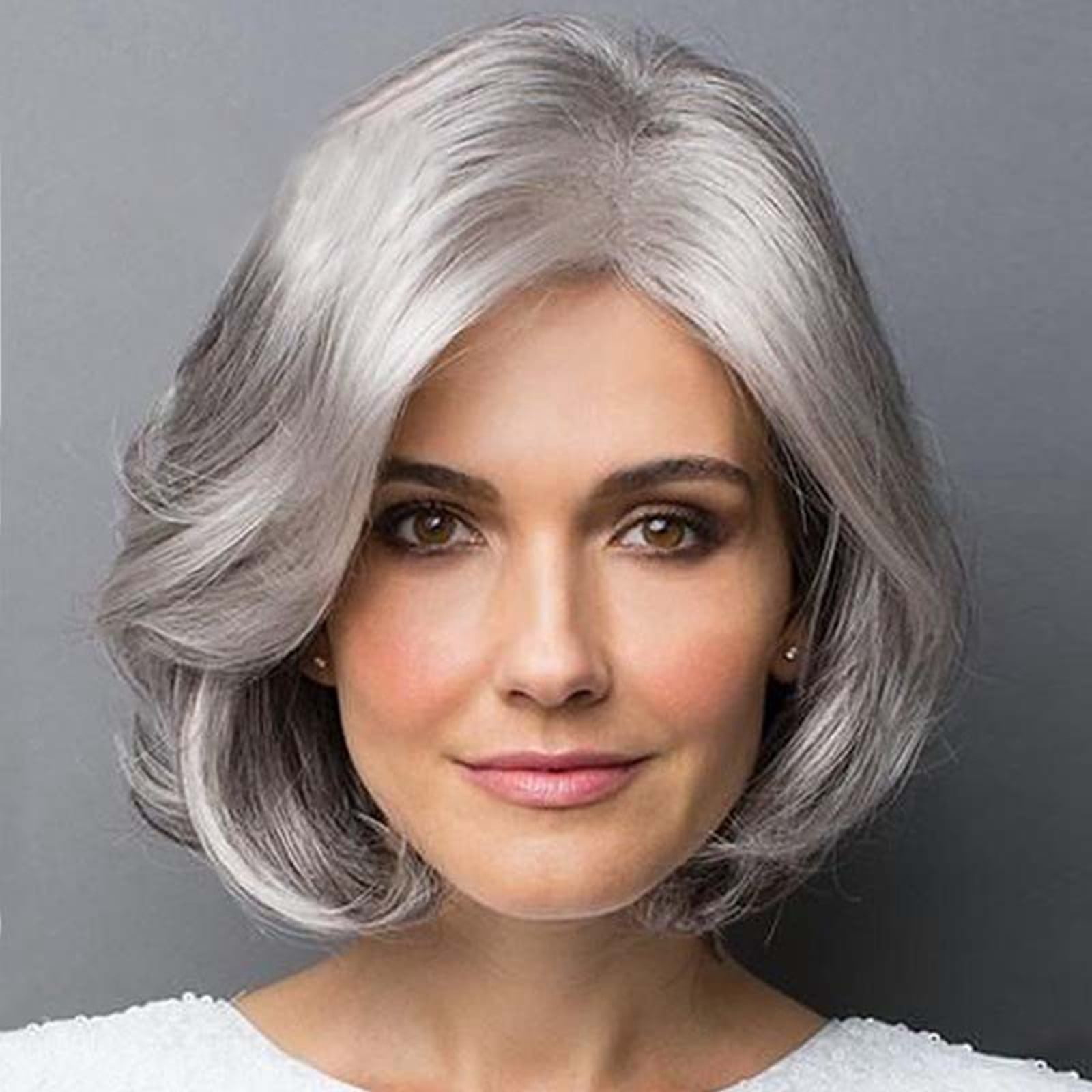 Short Grey Bob Wig Synthetic Lace Front Silver Gray Wavy Curly ...