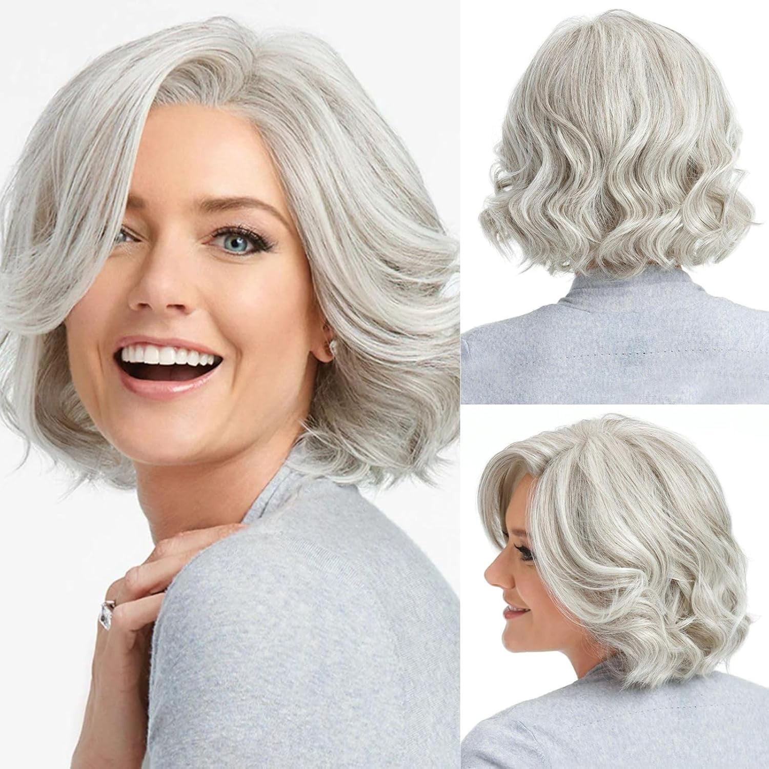 Short Grey Curly Layered Wig For Women Over 50 Side Part Bob Curly ...