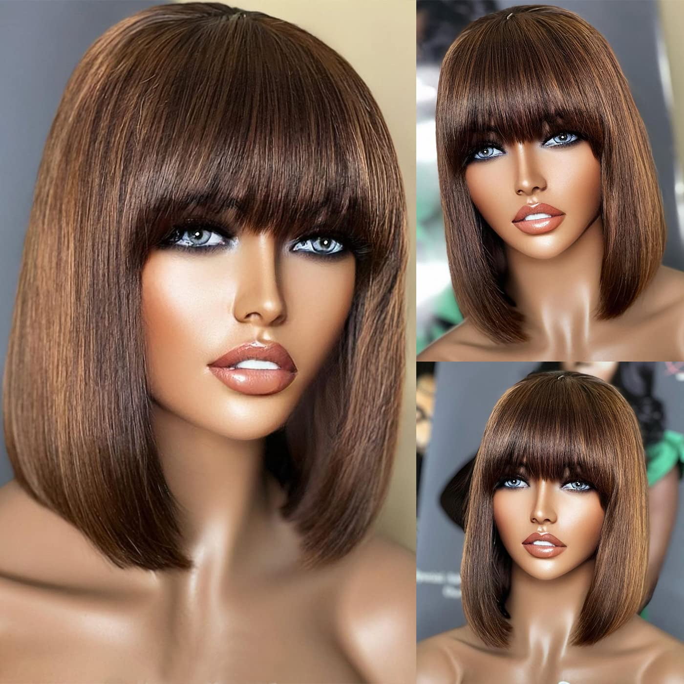Short Highlight Brown Bob Wig Synthetic Bob With Bangs For Black Women Full