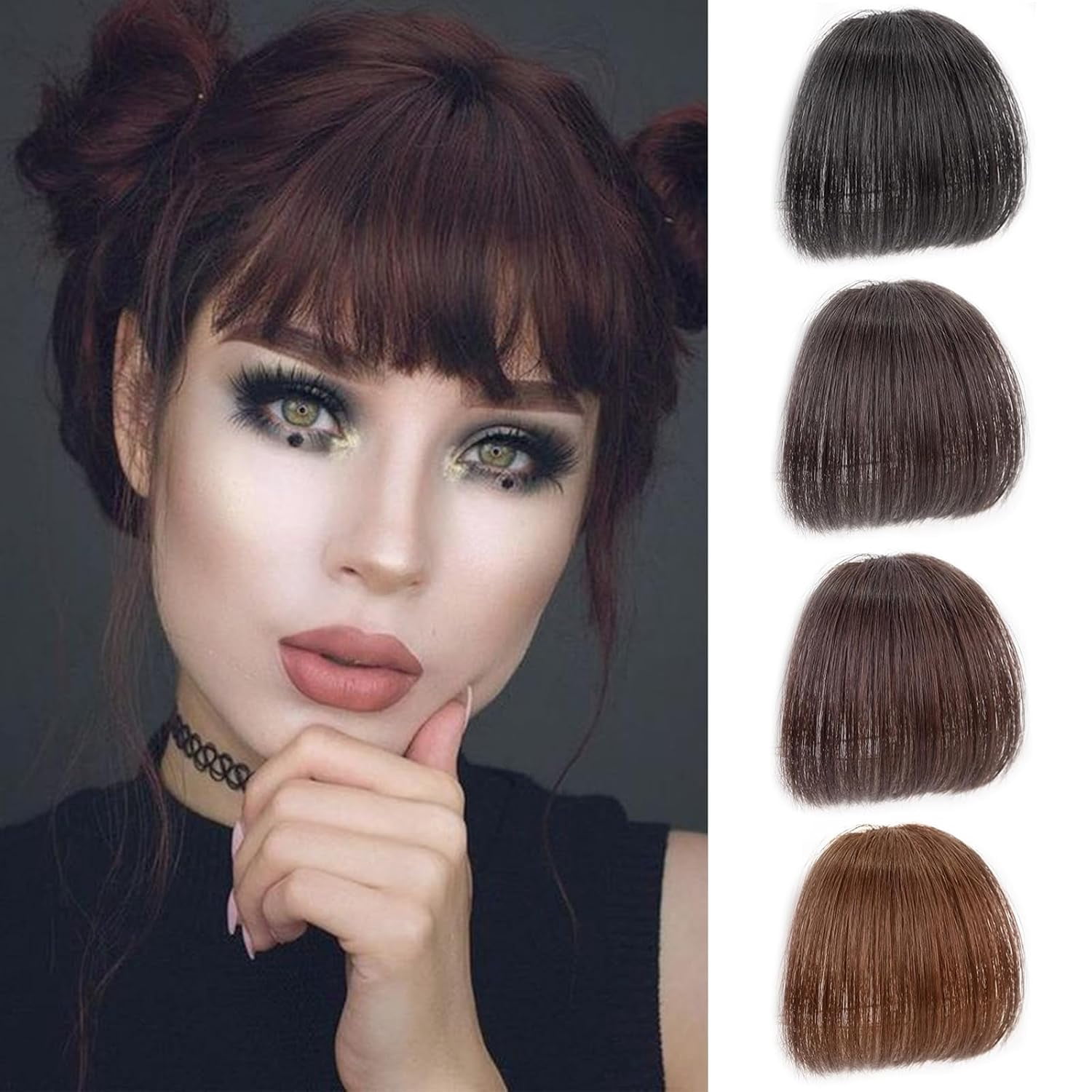 Short Human Hair Bangs Clip on Real Hair French Bangs Dark Brown Thick ...