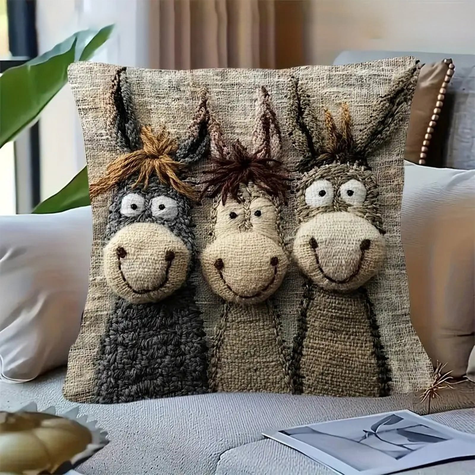 Short Lint Pillow Cover with Three Donkeys Embroidery 18 Inch for Sofa ...