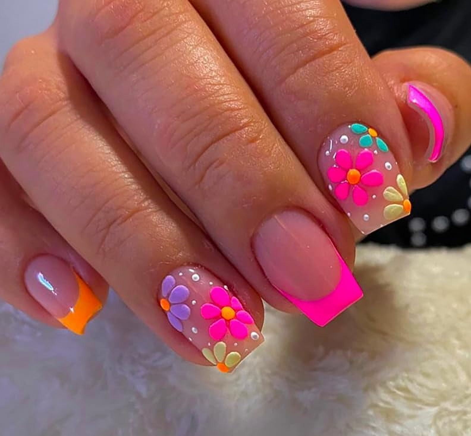 Zezhou Short Pink Flower French Tip Press On Nails, Handmade Gel ...