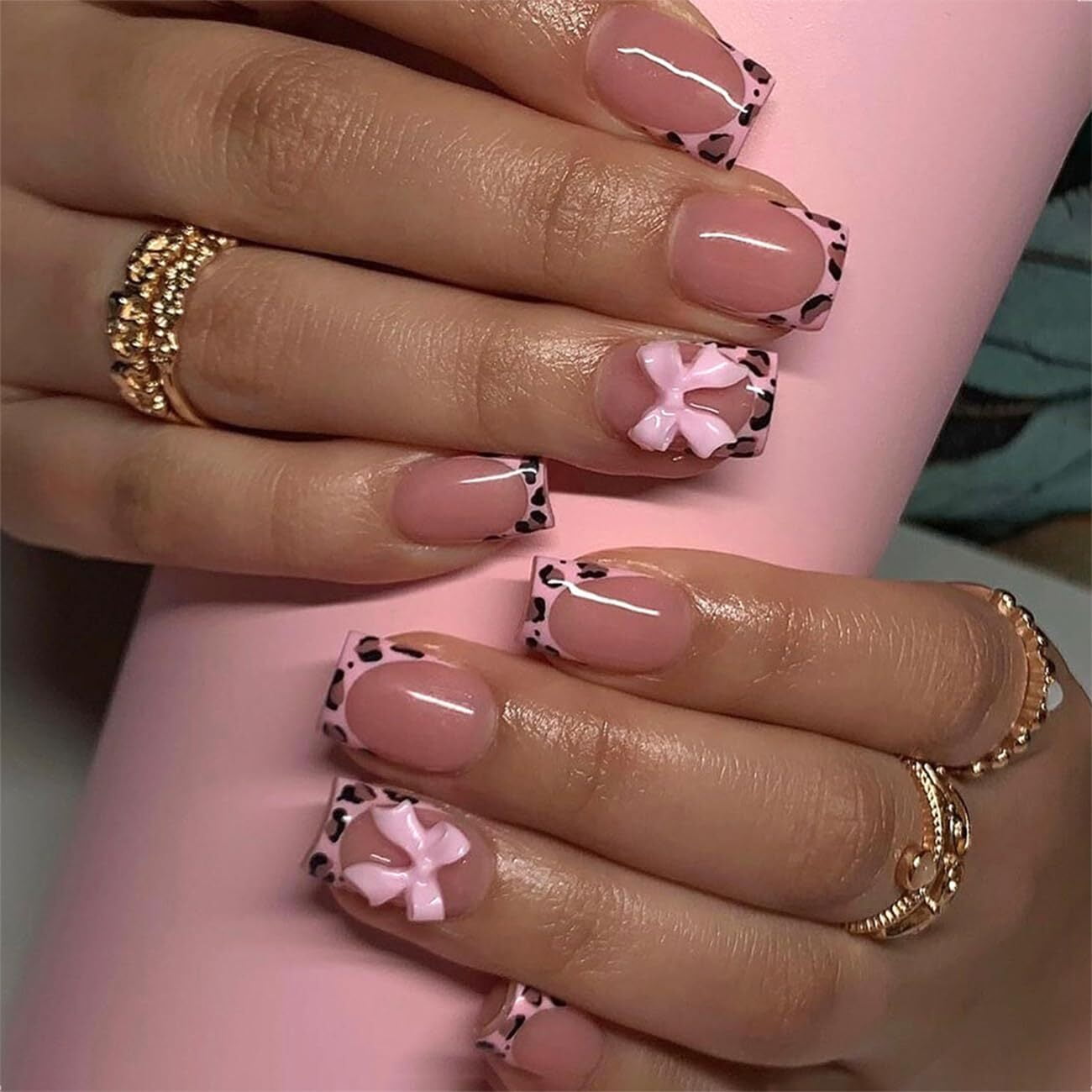 Short Press Leopard French Tip False Nails with Pink Glossy Bow Design ...