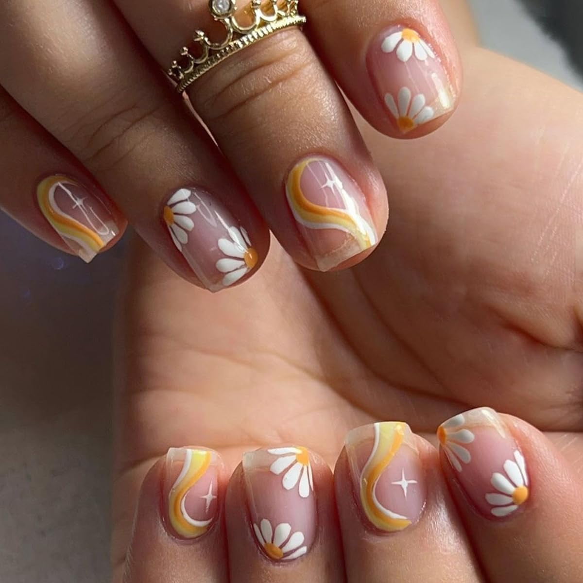 Short Press on Nails Square Fake Nails with Flower Designs - Glossy ...