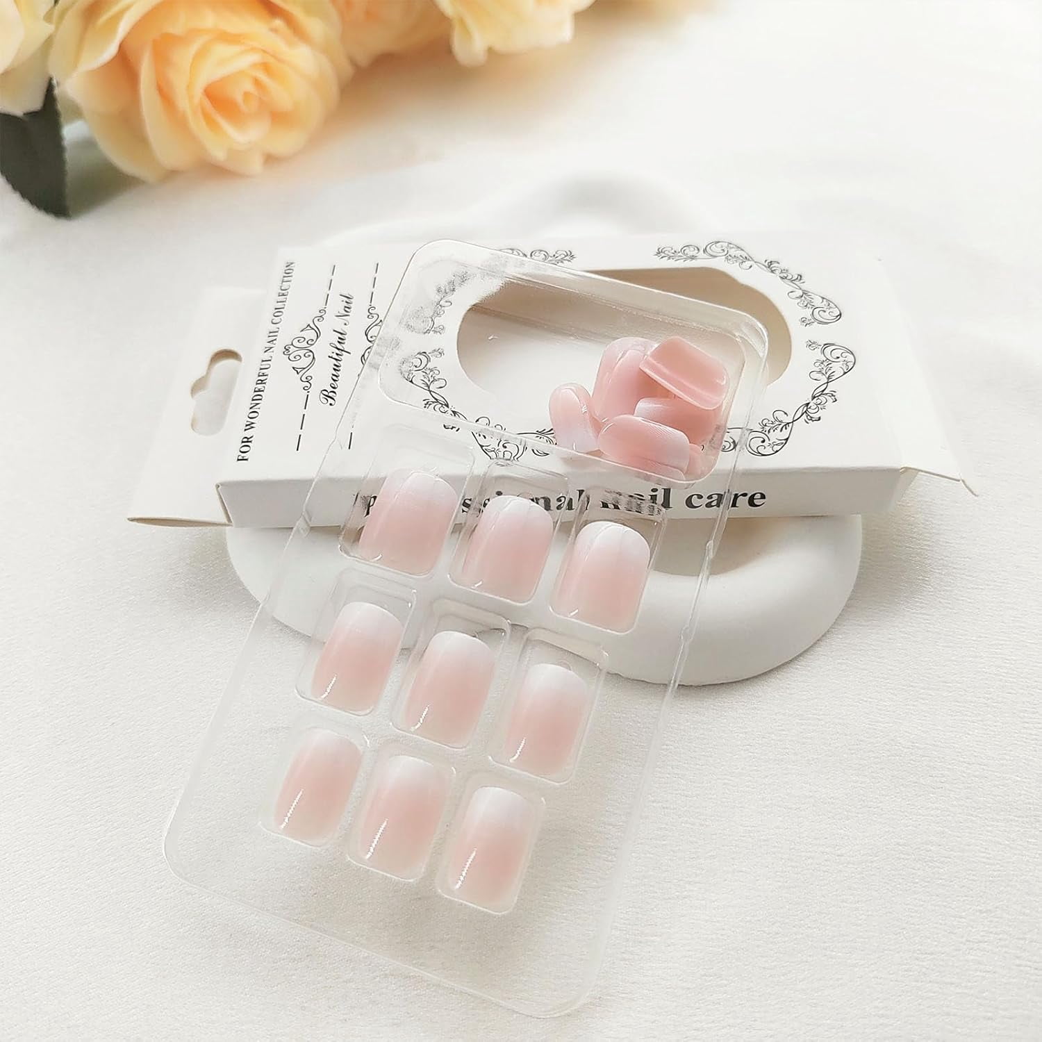 Short Press on Nails Square Fake Nails Pink Ombre False Nails with ...