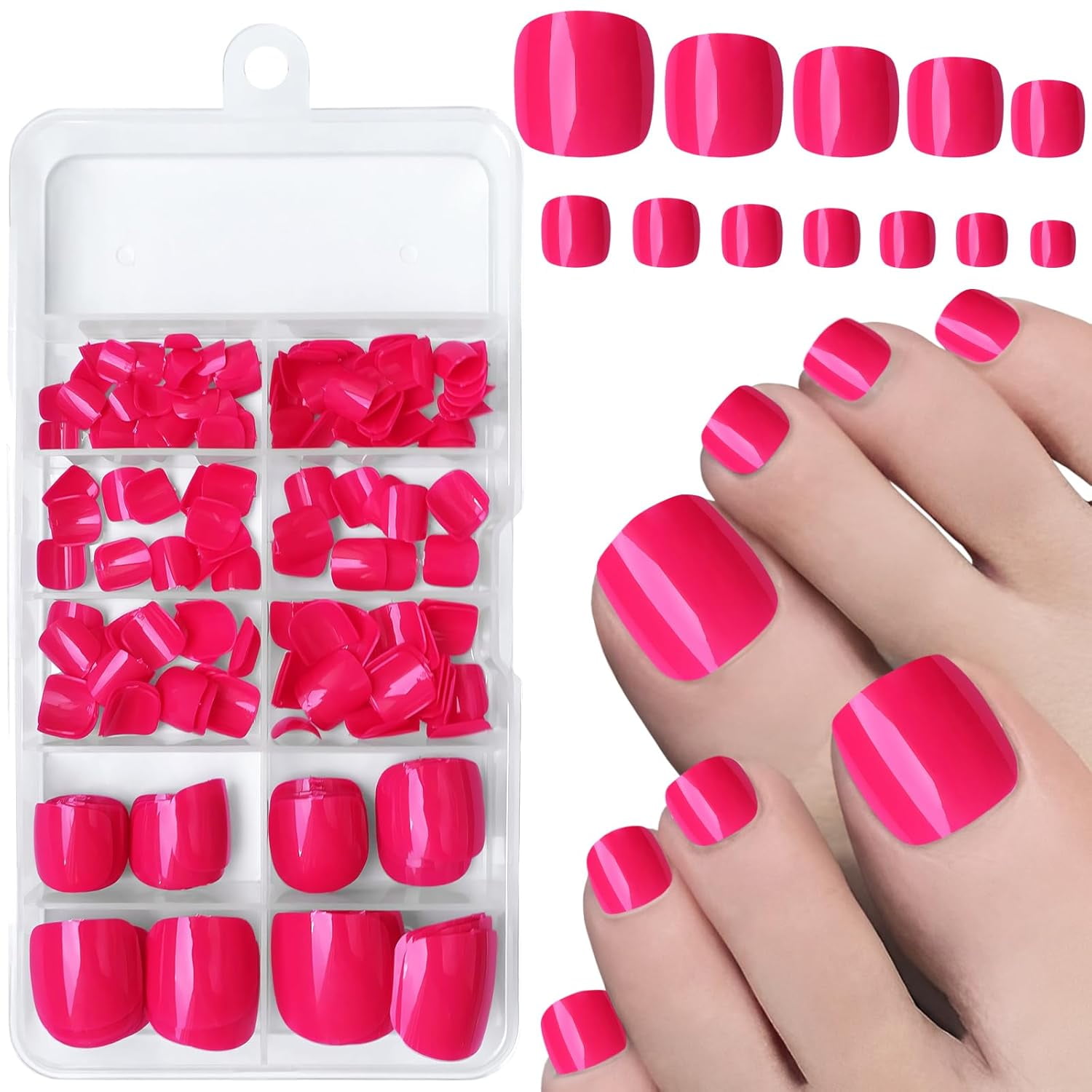 Short Press on Toenails 240pc Glossy Neon Pink Press on Toenails Short ...