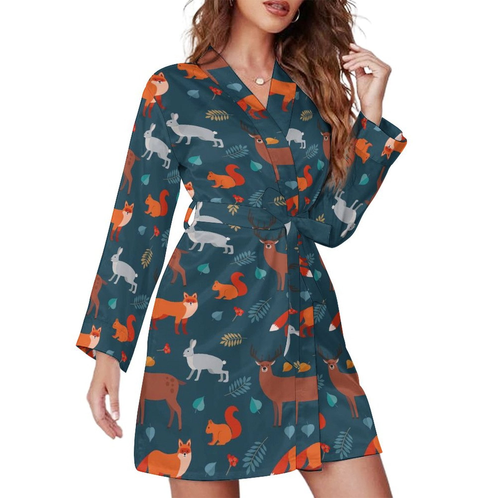 Short Robes Long Sleeve for Women - Autumn Forest Animals Cute Soft ...