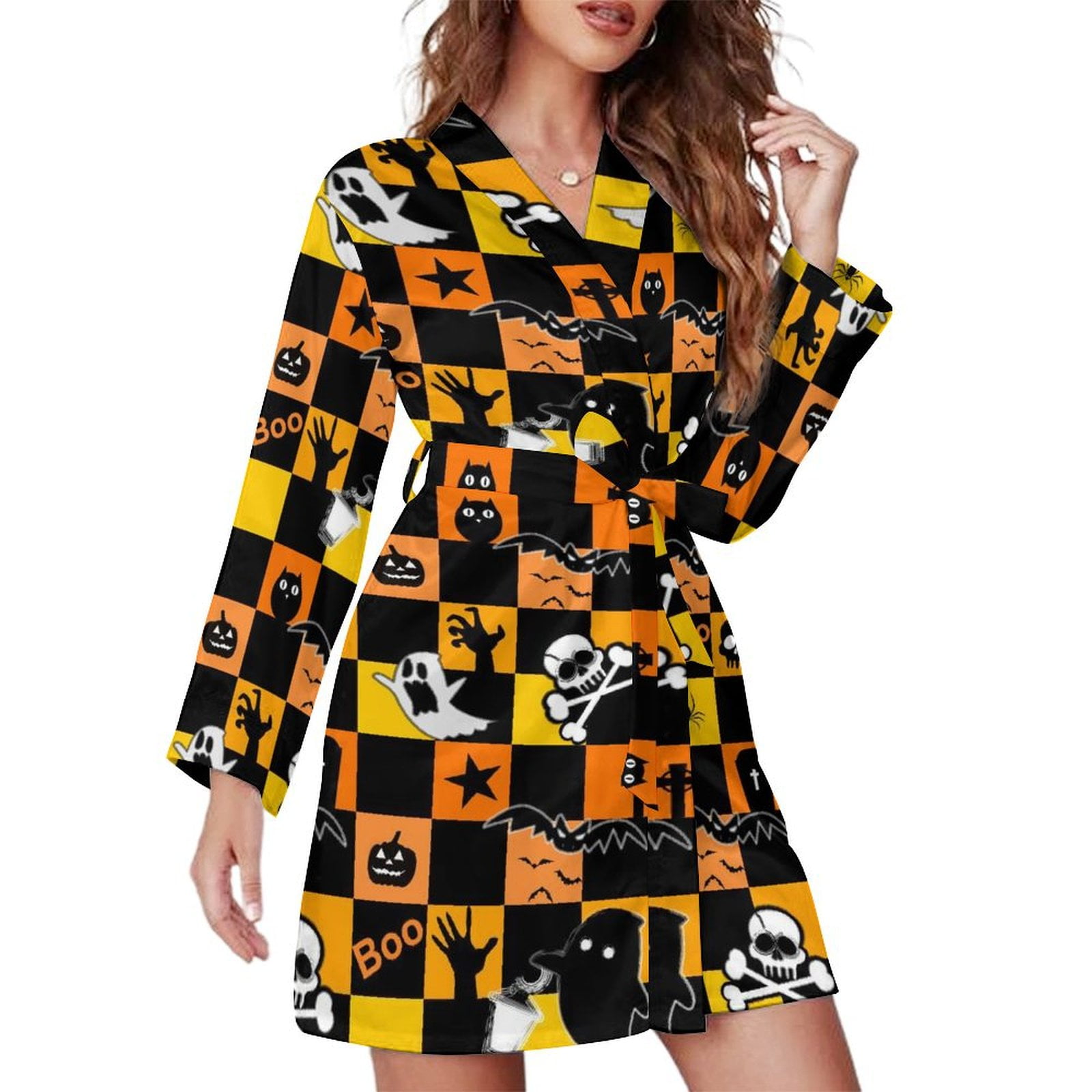 Short Robes Long Sleeve for Women - Cute Ghost Halloween Plaid Soft ...