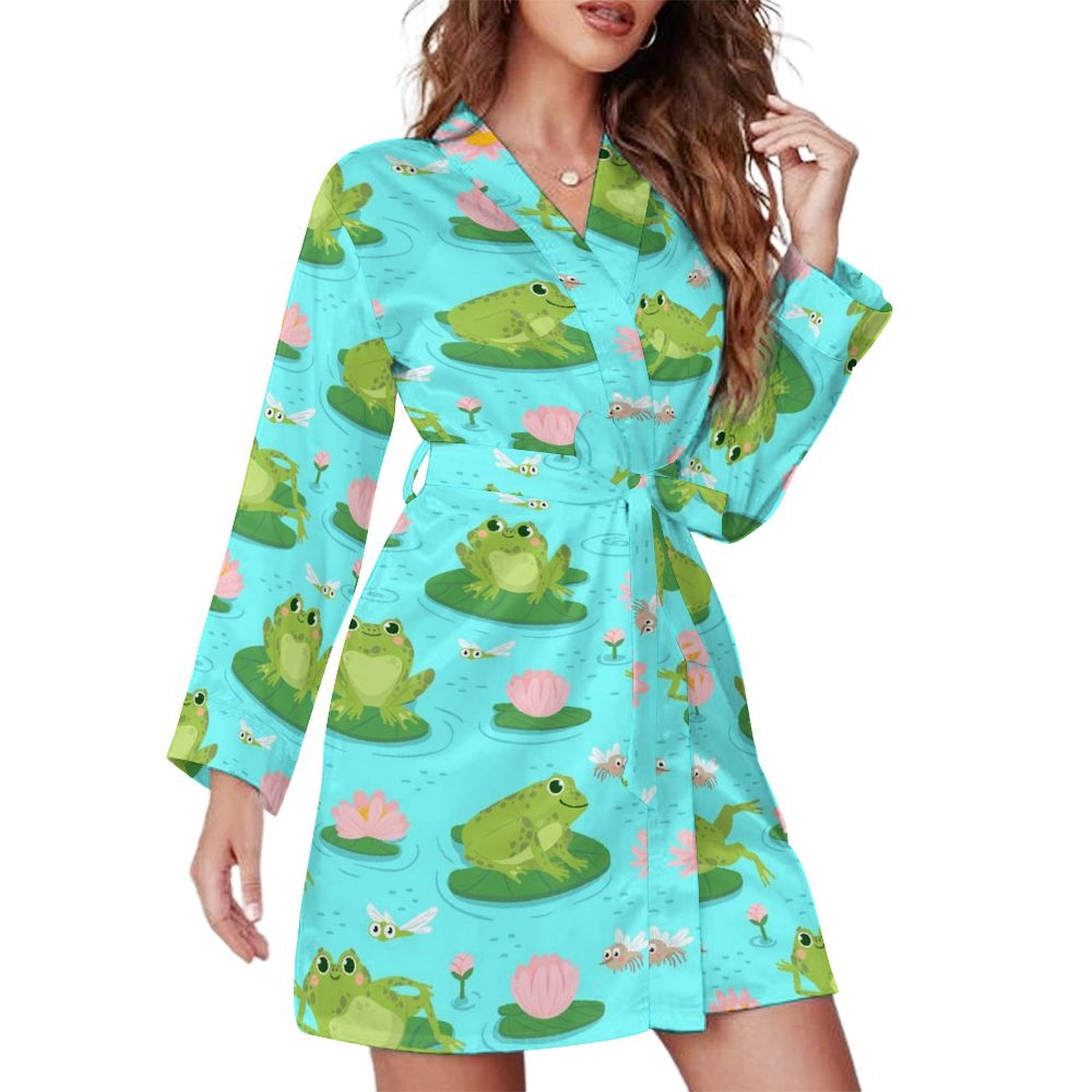 Short Robes Long Sleeve for Women - Frogs And Aquatic Plants Soft Women ...