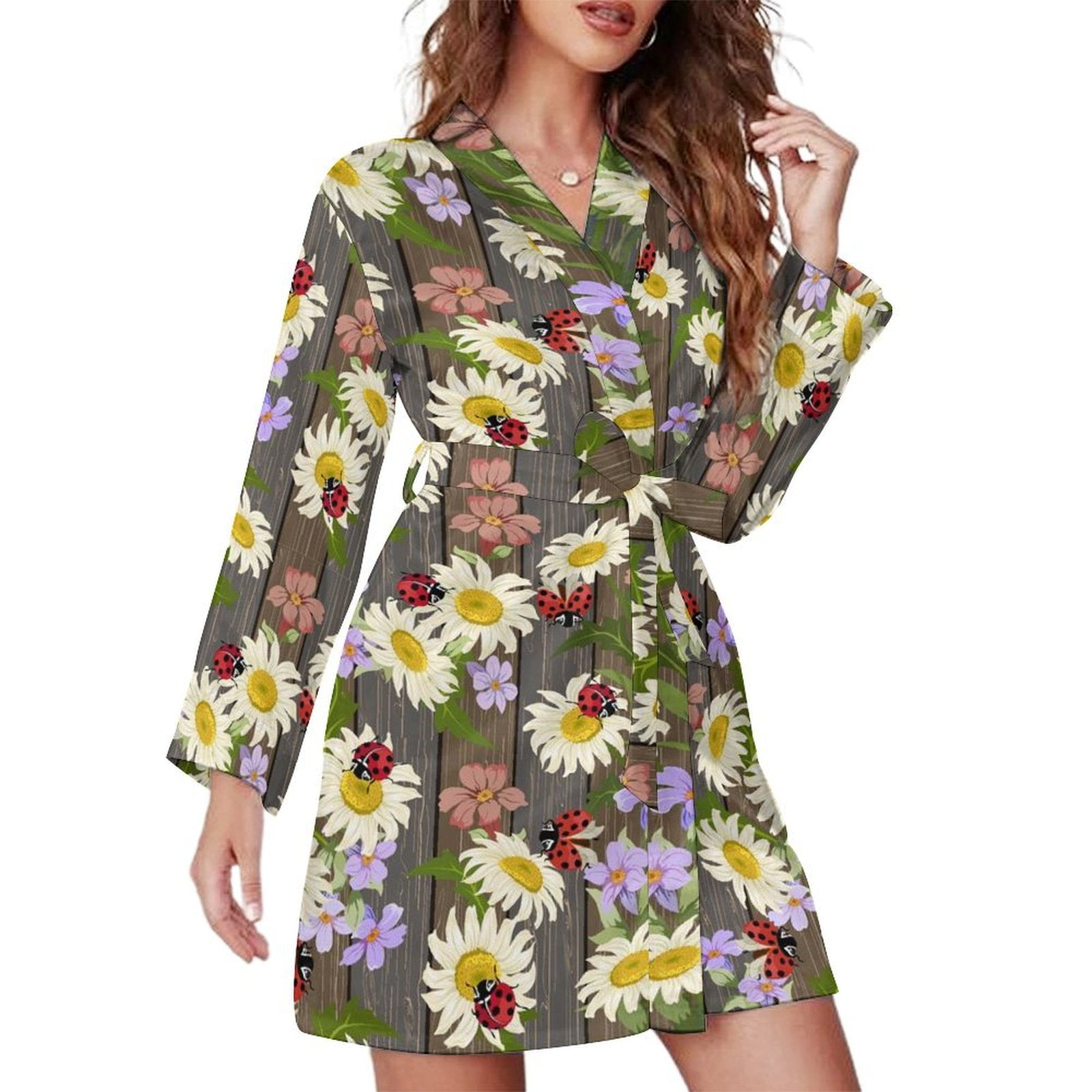 Short Robes Long Sleeve for Women - Ladybugs And Flowers On A Wooden ...