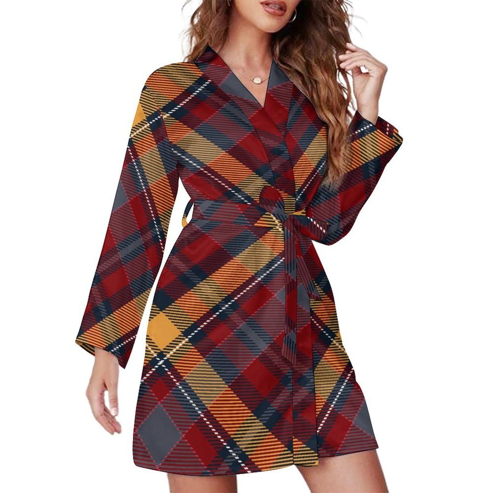 Short Robes Long Sleeve for Women, Buffalo Check Plaid Breathable Women ...