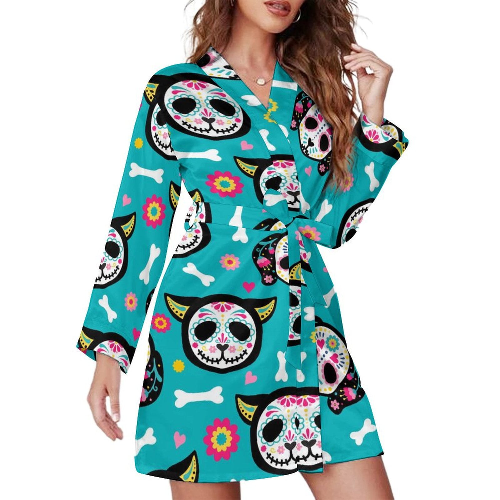 Short Robes Long Sleeve for Women - Cartoon Dog And Cat Soft Women's ...