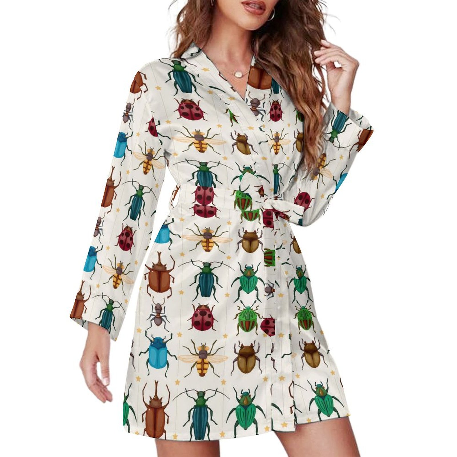 Short Robes Long Sleeve for Women - Cartoon Insects Soft Women's Belted ...
