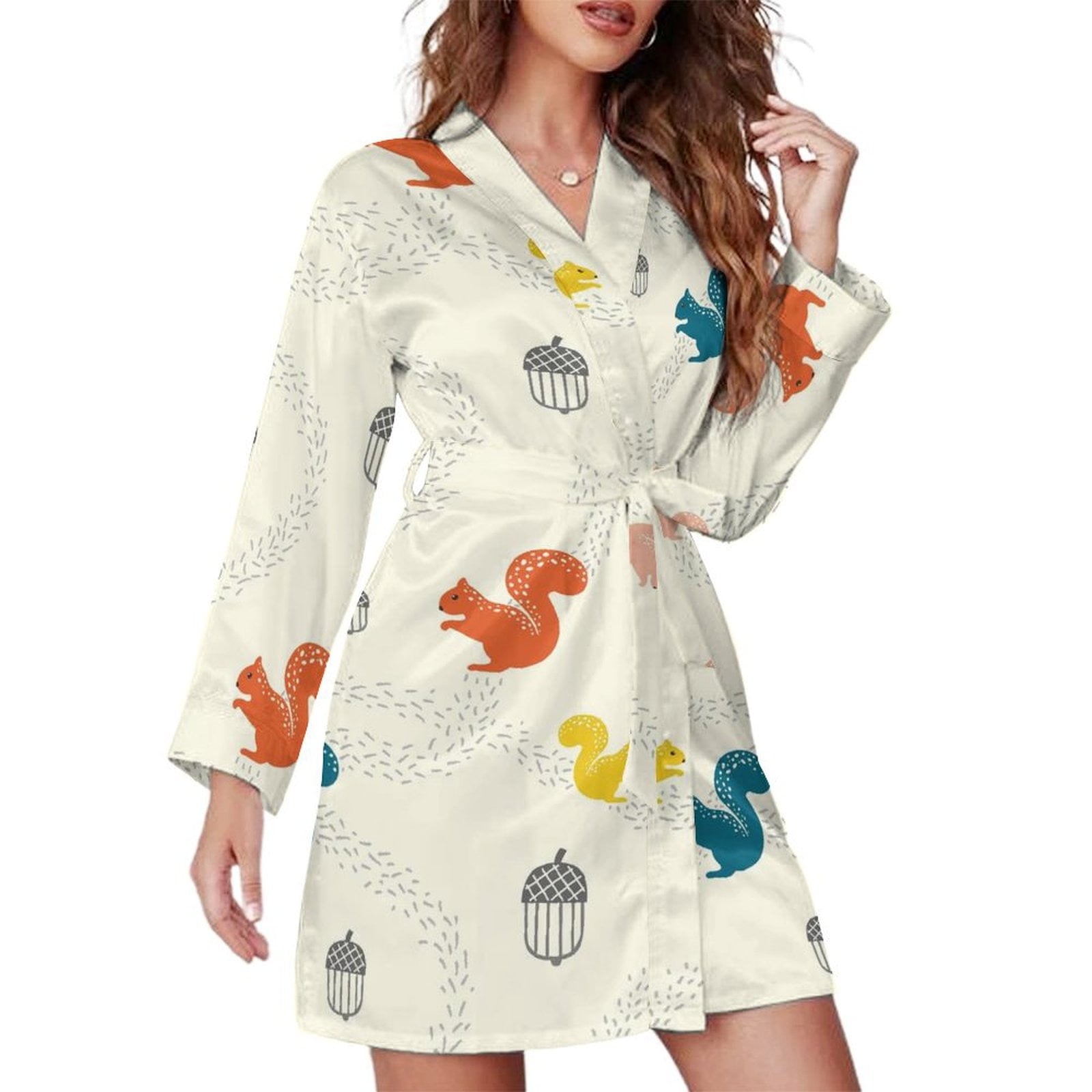 Short Robes Long Sleeve for Women - Colorful Squirrel Nuts Soft Women's ...