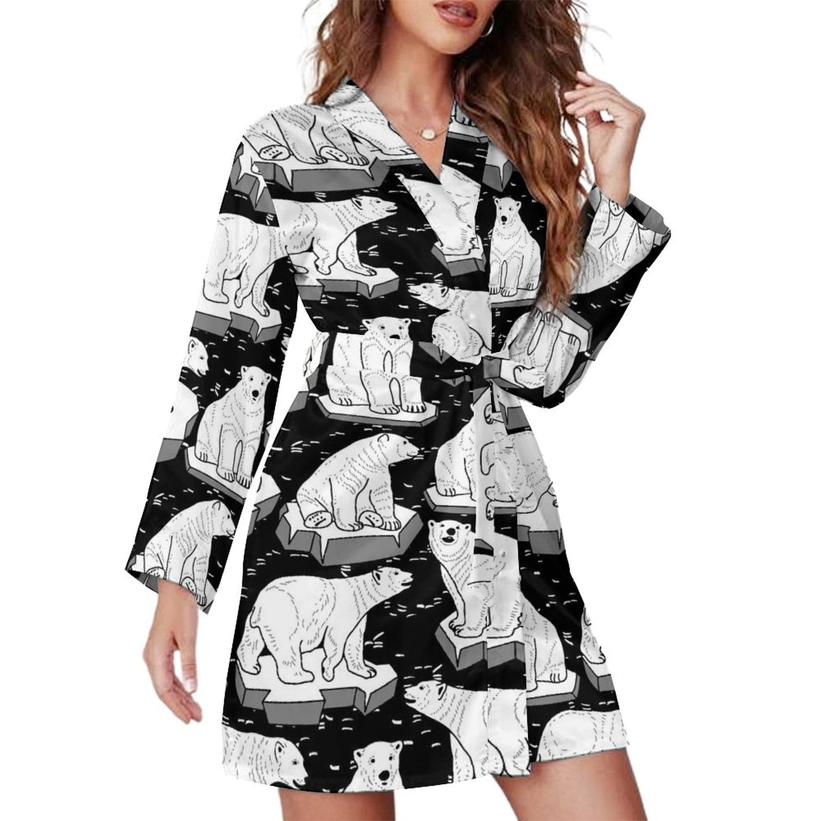 Short Robes Long Sleeve for Women - Cute Cartoon Polar Bear Soft Women ...