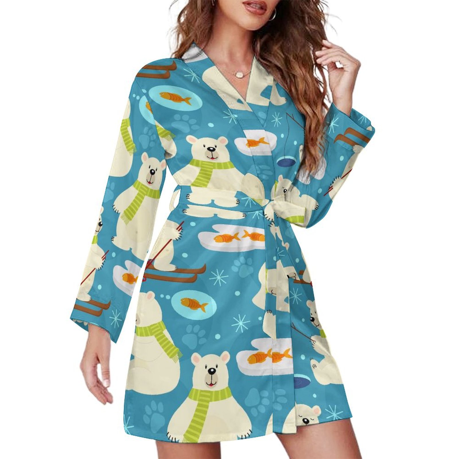 Short Robes Long Sleeve for Women - Cute Polar Bear Fishing Soft Women ...
