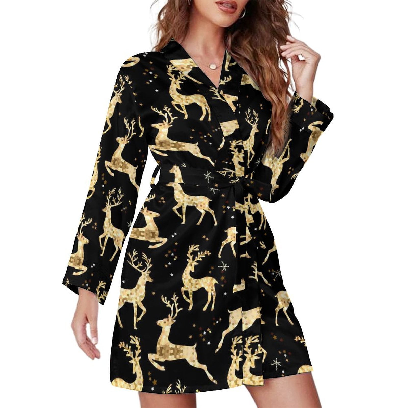 Short Robes Long Sleeve for Women - Elegant Gold Moose Soft Breathable ...