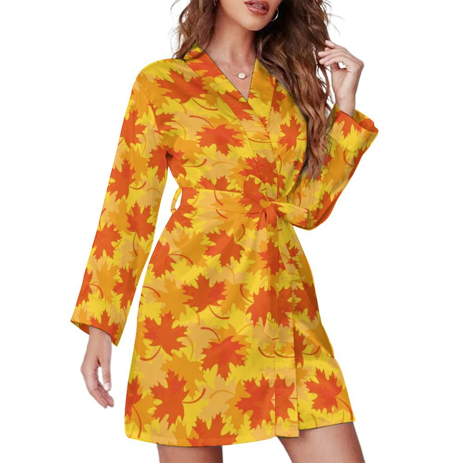 Short Robes Long Sleeve for Women, Fall Retro Maple Leaf Breathable ...