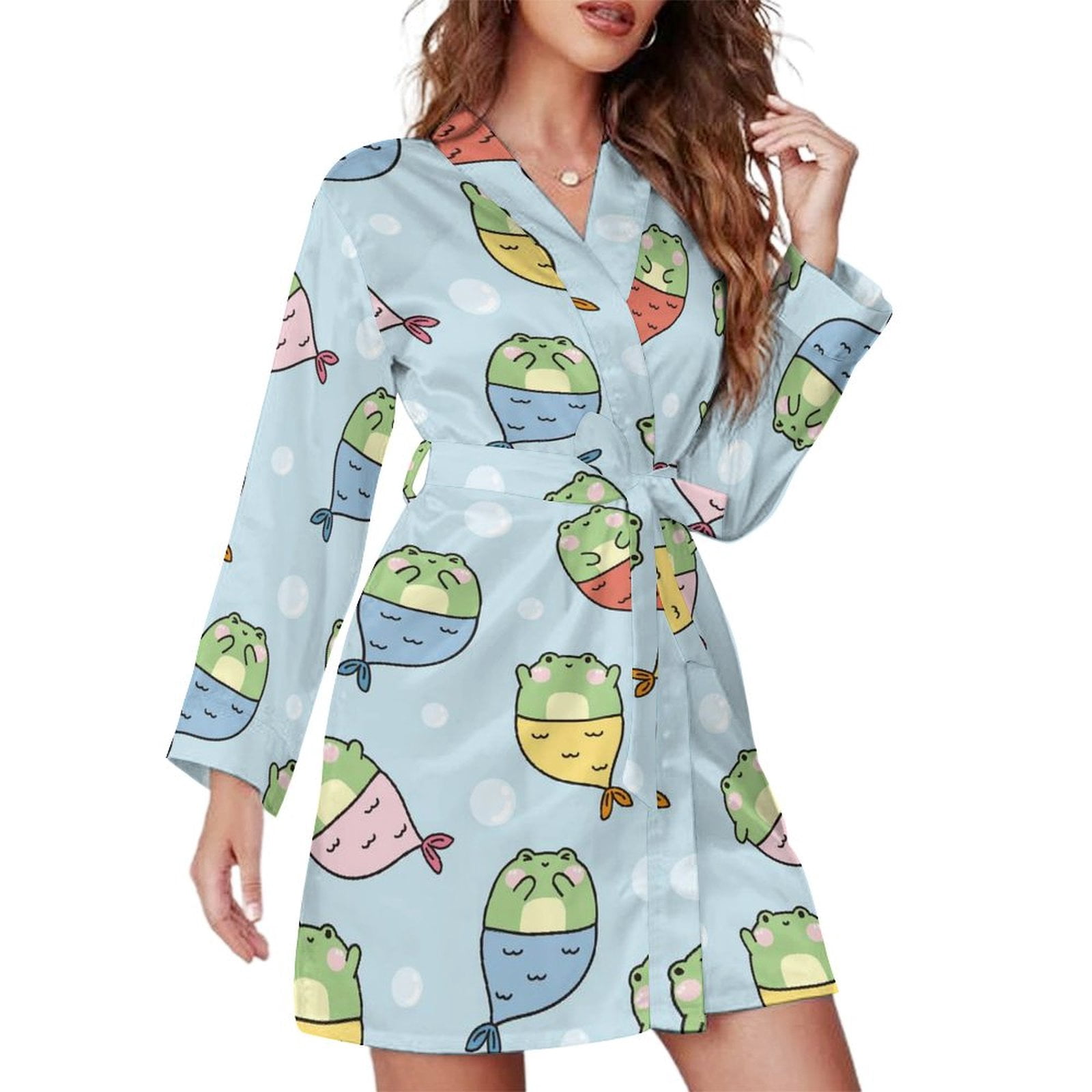 Short Robes Long Sleeve for Women - Frog In Mermaid Soft Women's Belted ...