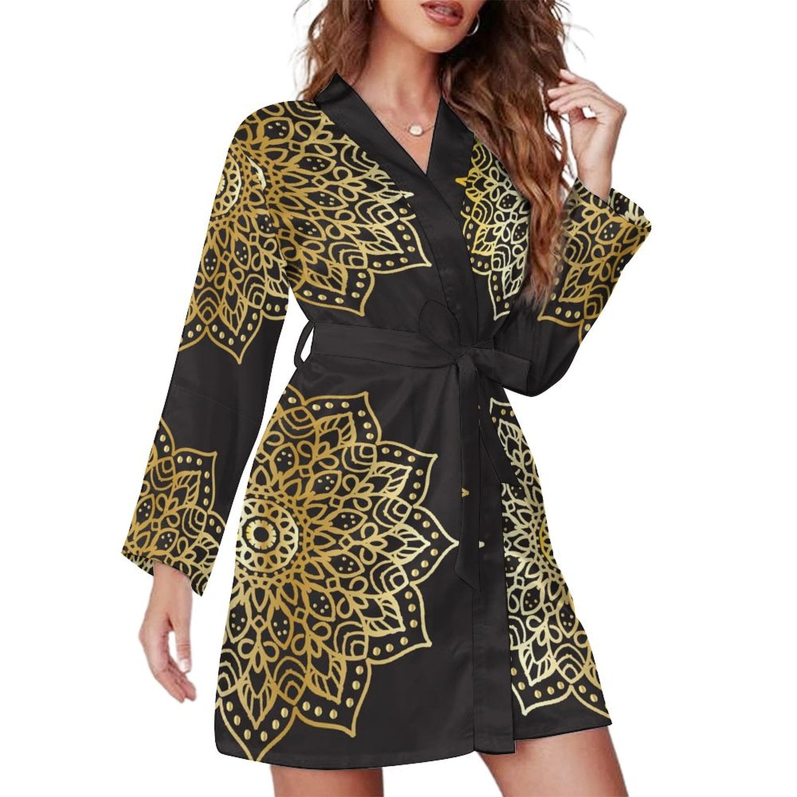 Short Robes Long Sleeve for Women - Gold Mandala Soft Women's Belted ...