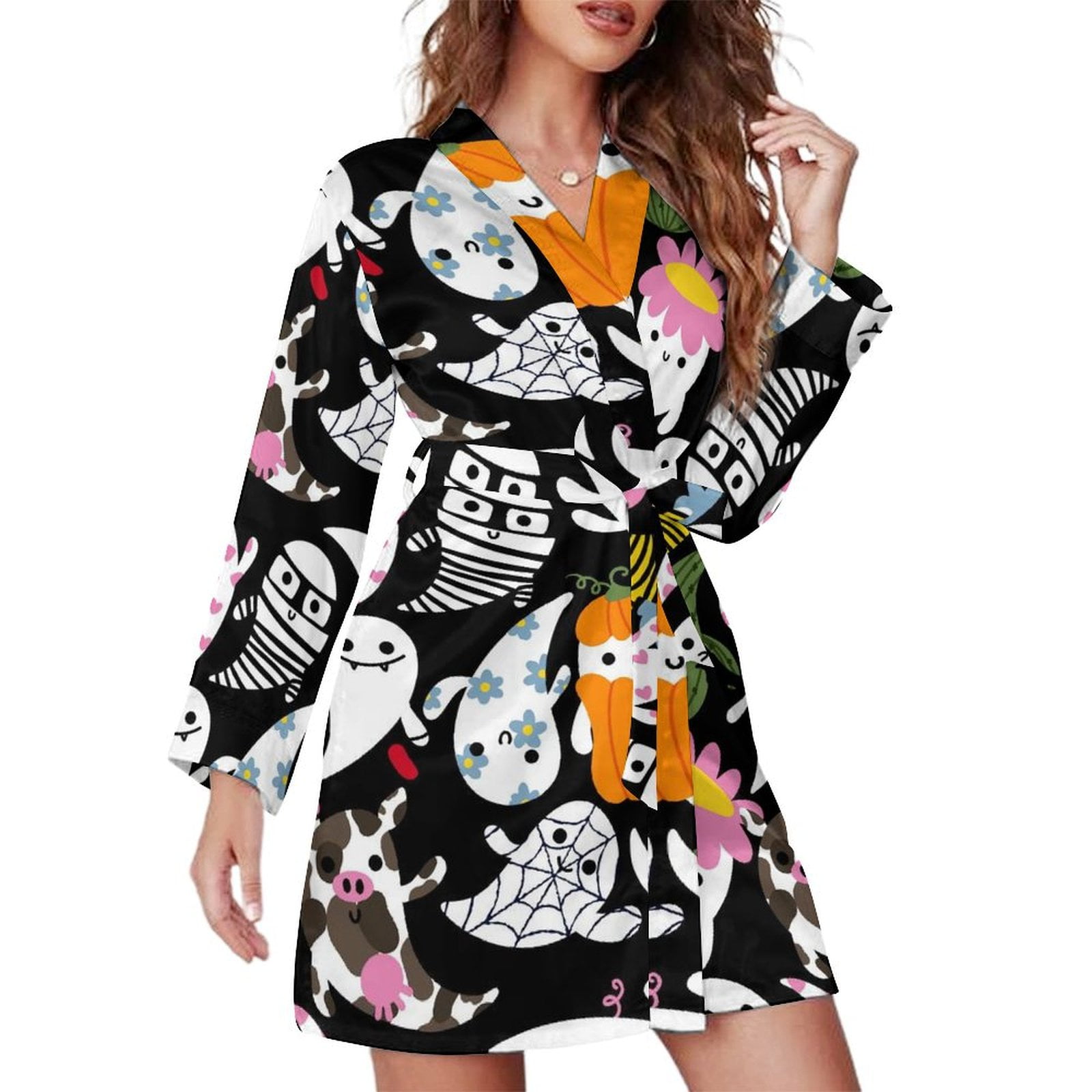 Short Robes Long Sleeve for Women - Halloween Cute Ghost Cartoon Soft ...
