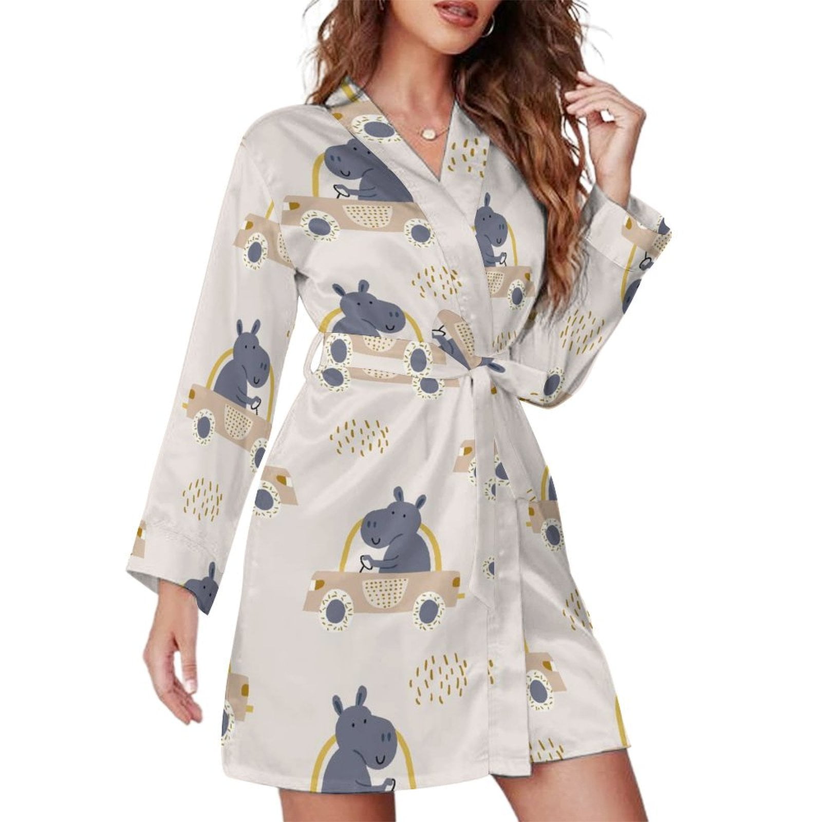 Short Robes Long Sleeve for Women - Hippos Driving A Car Soft Women's ...