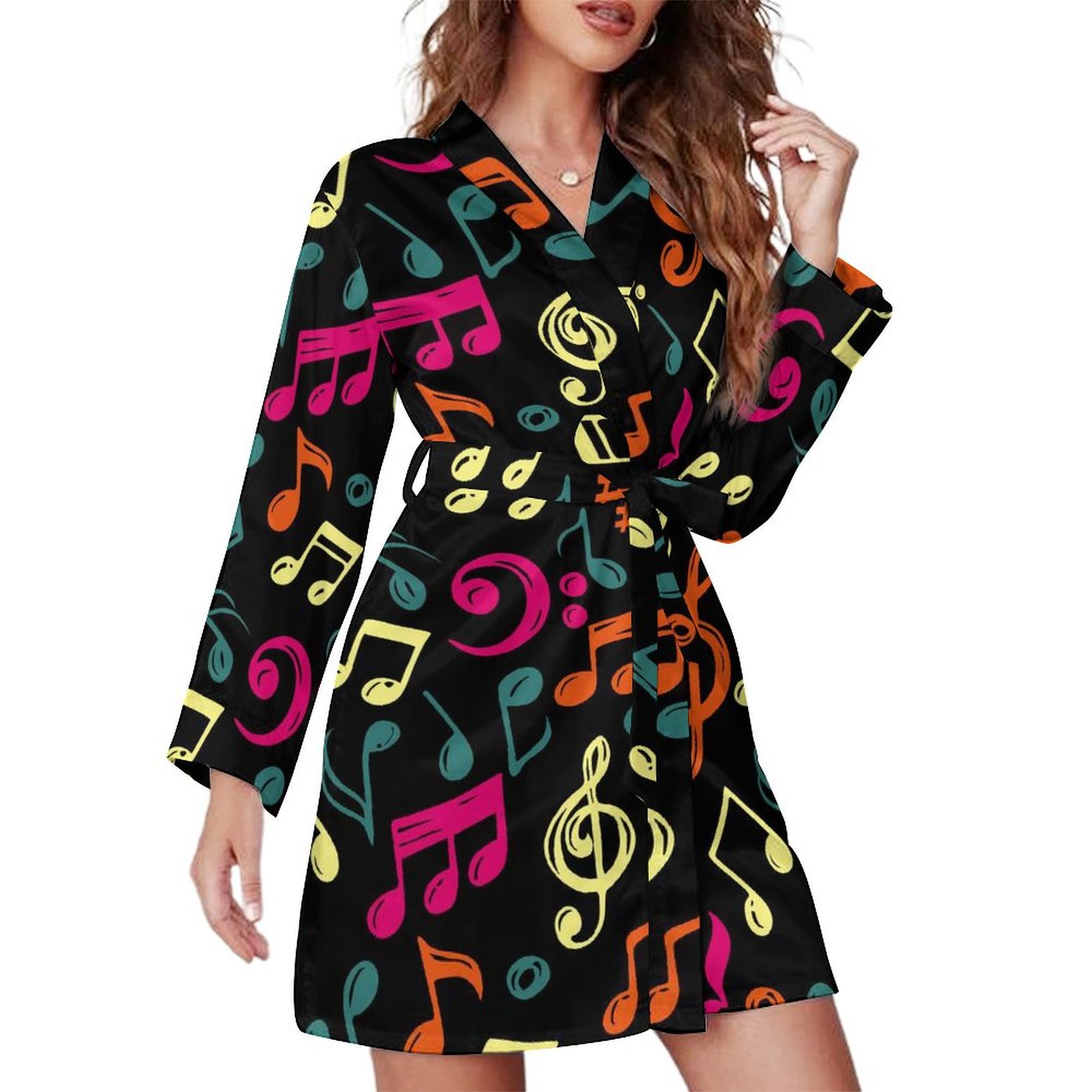 Short Robes Long Sleeve for Women - Music Notes Soft Women's Belted ...