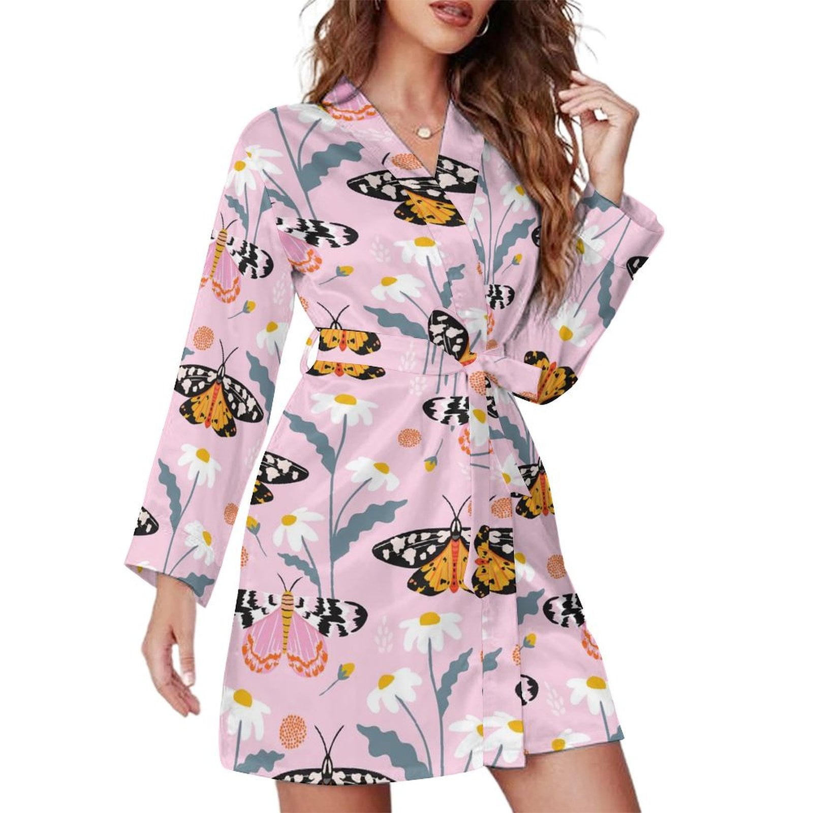 Short Robes Long Sleeve for Women, Pink Butterfly Daisy Breathable ...