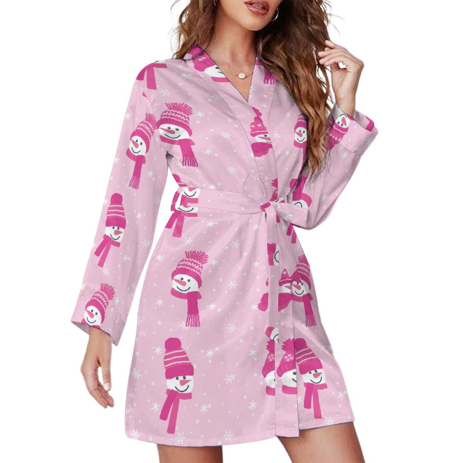 Short Robes Long Sleeve for Women - Pink Scarf Snowman Soft Women's ...