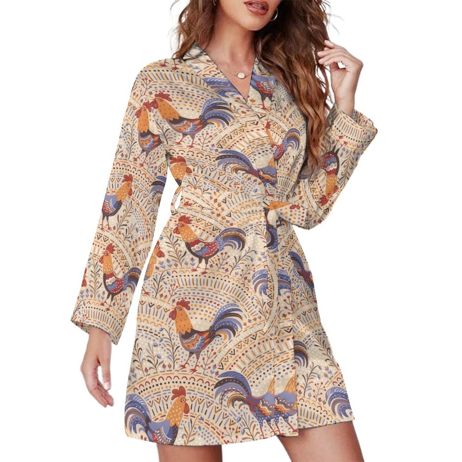 Short Robes Long Sleeve for Women - Roosters In Floral Soft Breathable ...
