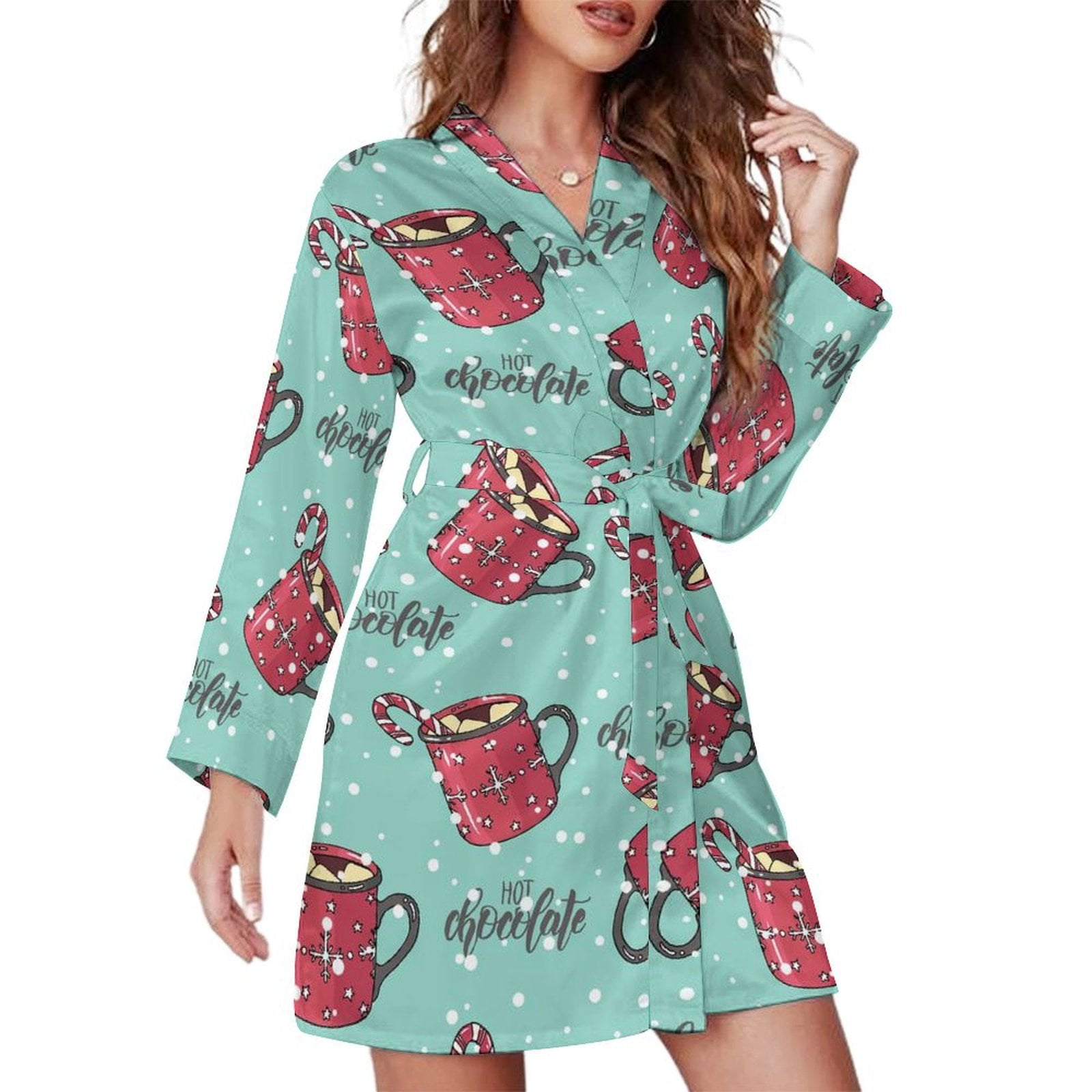 Short Robes Long Sleeve for Women - Snowflake Hot Cocoa Soft Women's ...