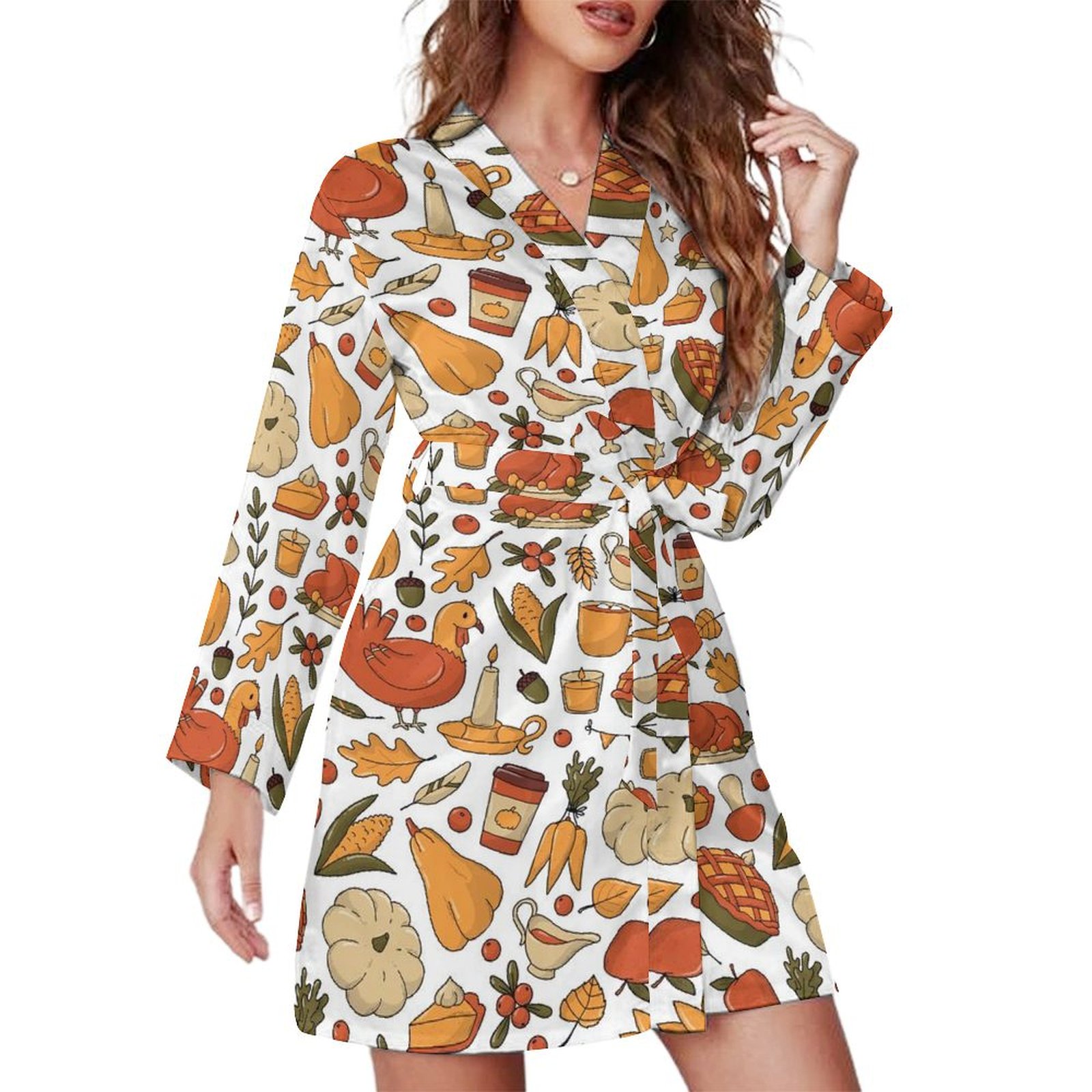 Short Robes Long Sleeve for Women - Thanksgiving with Food Soft Women's ...