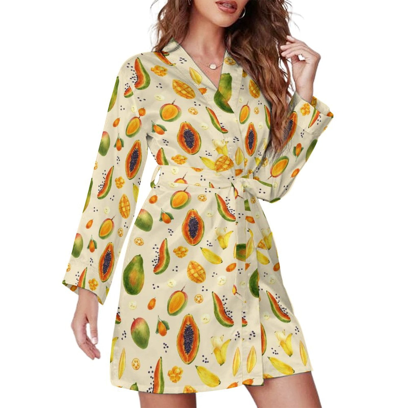 Short Robes Long Sleeve for Women - Tropical Fruits Soft Women's Belted ...