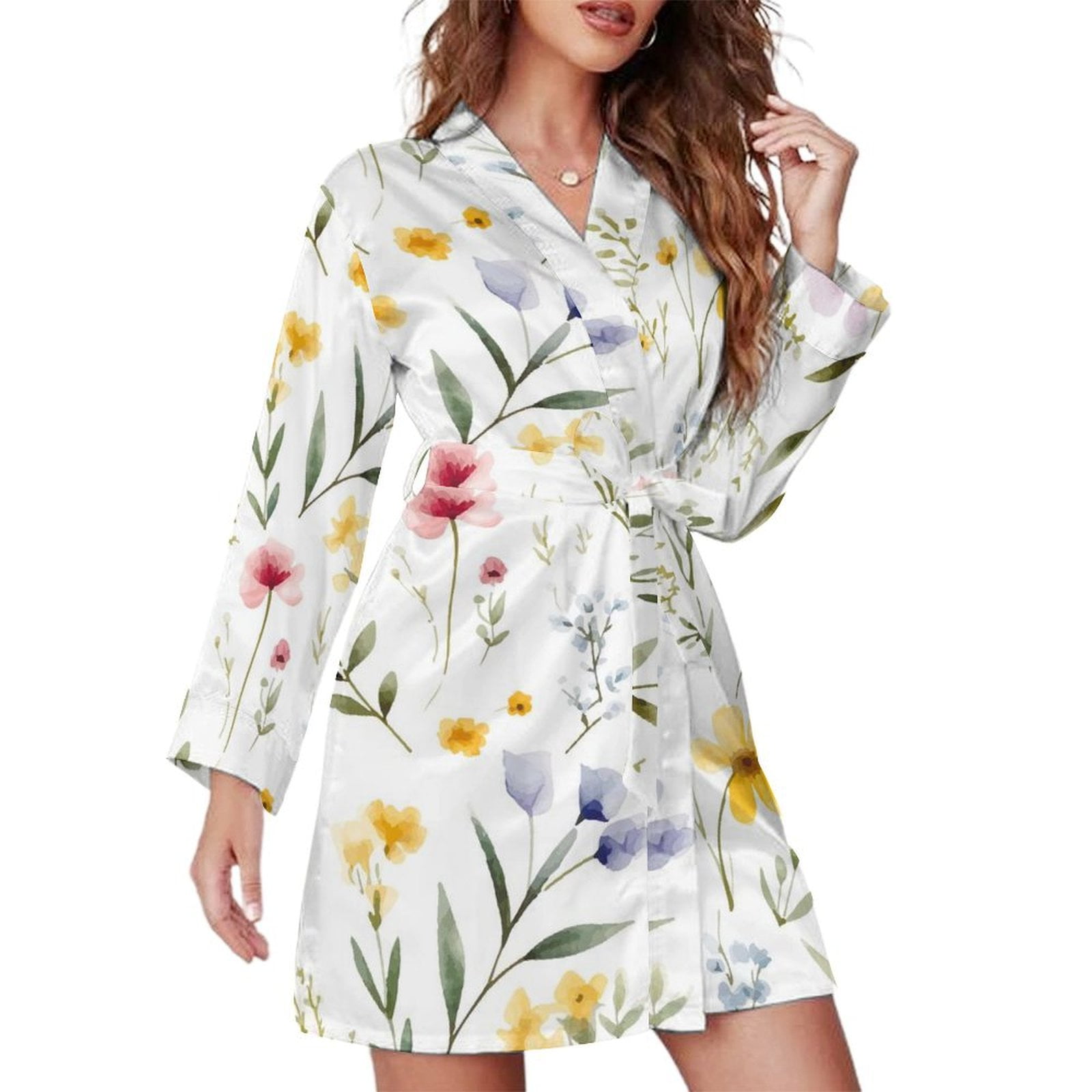 Short Robes Long Sleeve for Women - Watercolor Floral A Soft Women's ...