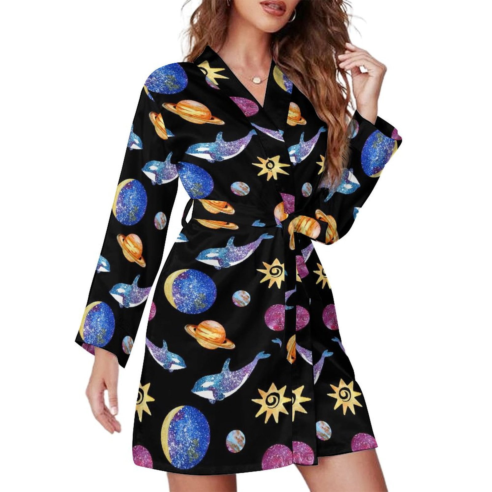 Short Robes Long Sleeve for Women - Whales In Space Soft Women's Belted ...